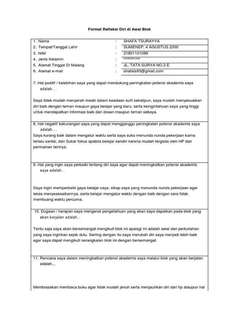 Shafa Tsurayya - Format Refleksi Diri Di Awal Blok | PDF