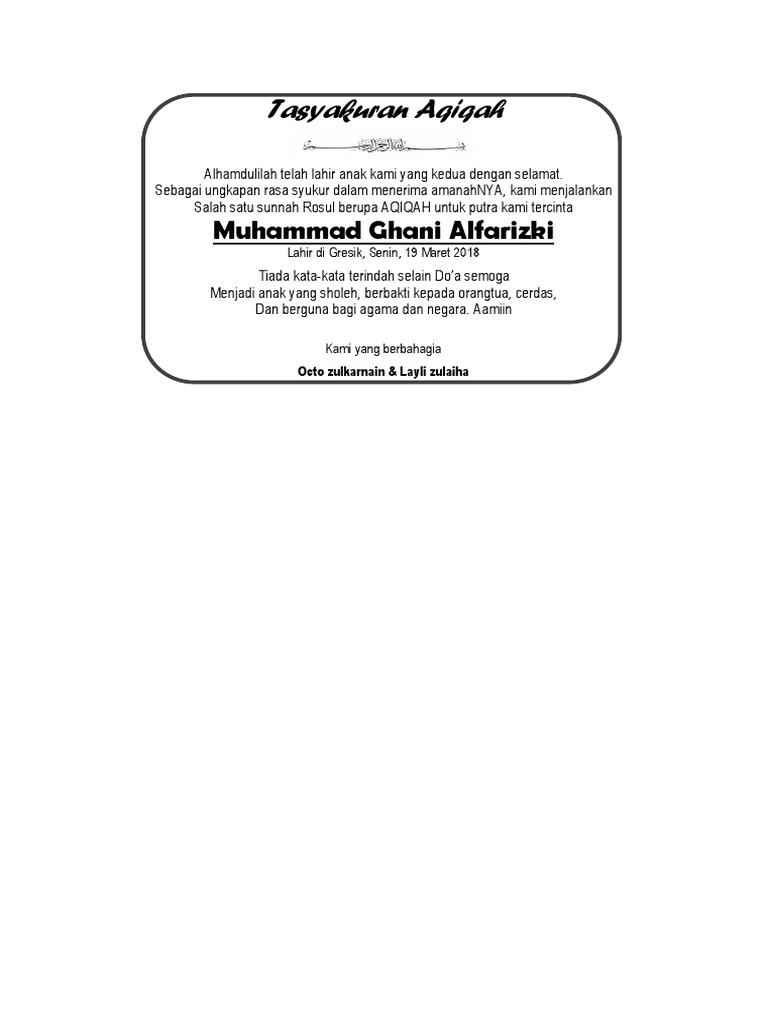 Aqiqah untuk Muhammad Ghani Alfarizki | PDF