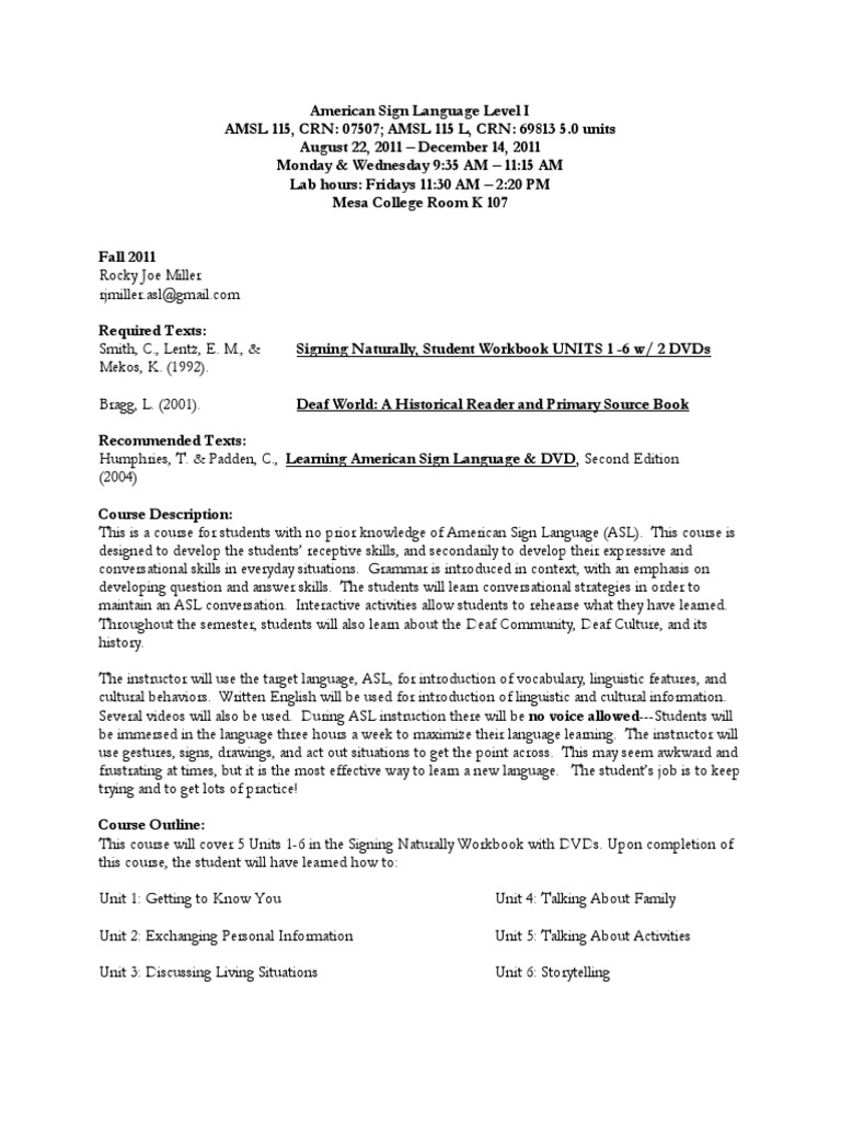 San Diego City College American Sign Language Level I | PDF | Test ...