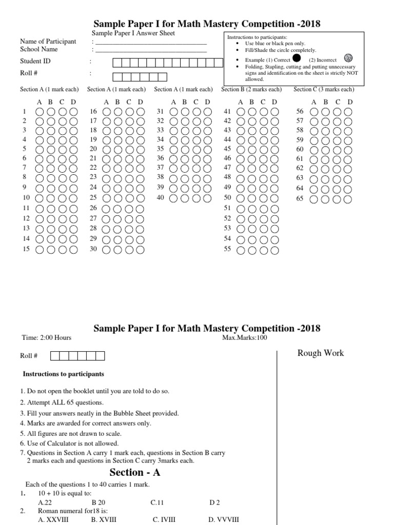 Sample Paper I For Math Mastery Competition - 2018 | PDF | Angle ...
