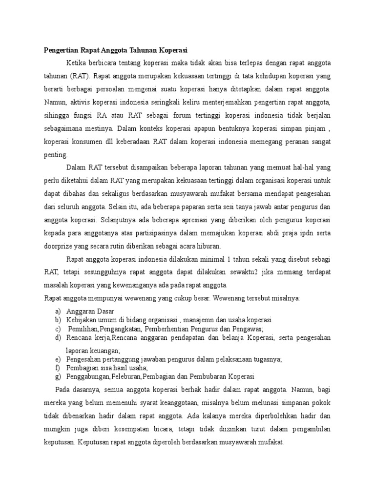 Pengertian Rapat Anggota Tahunan Koperasi | PDF
