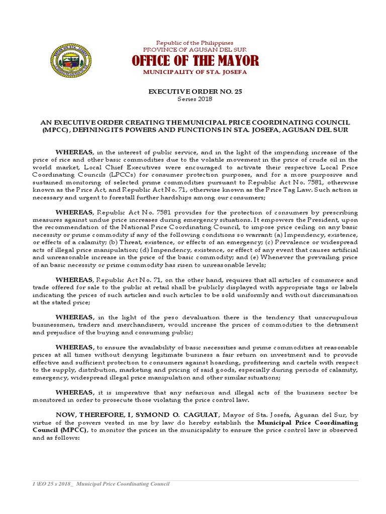 Exec Order 25 Municipal Price Coordinating Council | PDF | Commodity ...