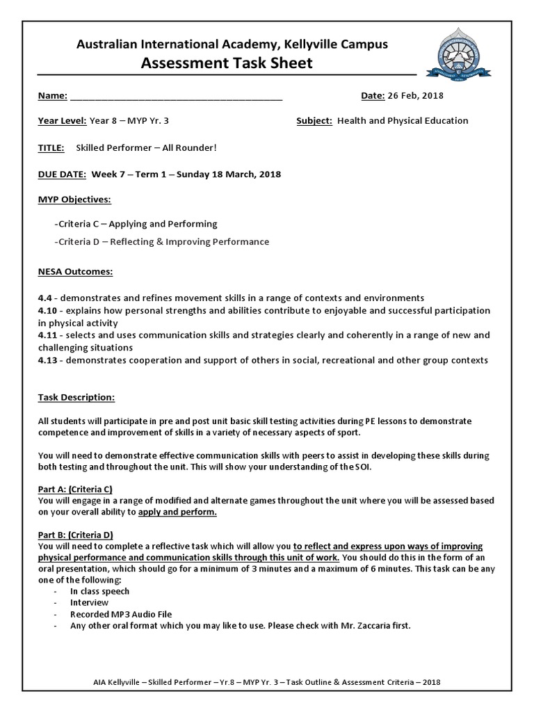 Assessment Task Sheet: Australian International Academy, Kellyville ...
