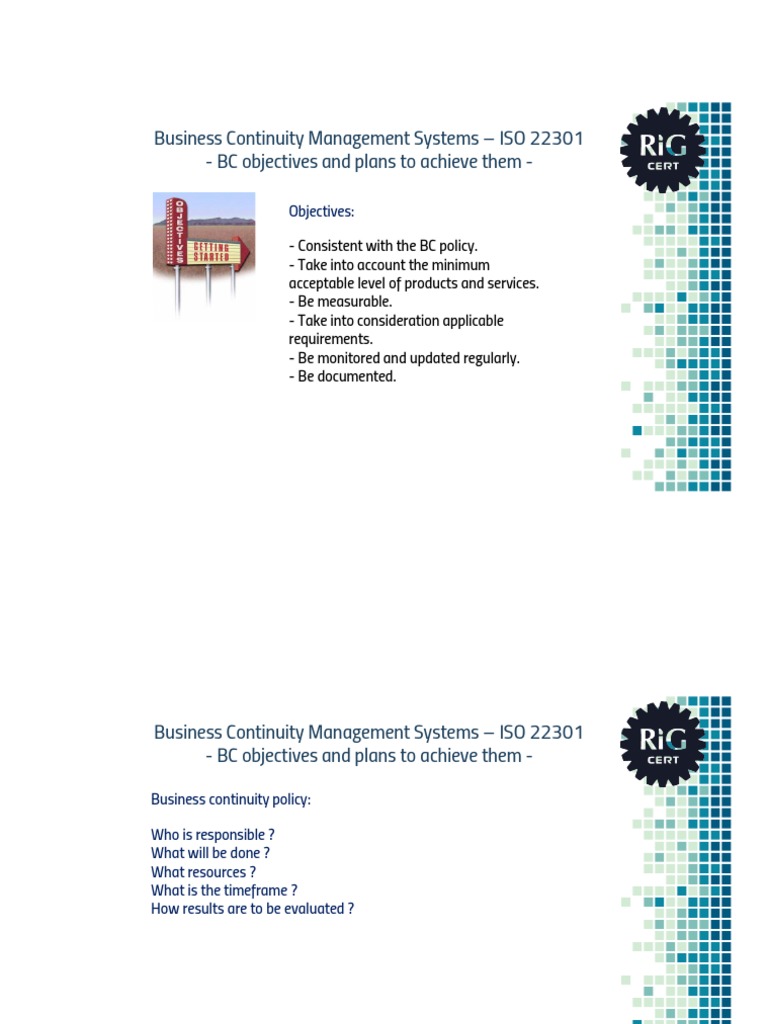 Business Continuity Management Systems - ISO 22301 - BC Objectives and ...