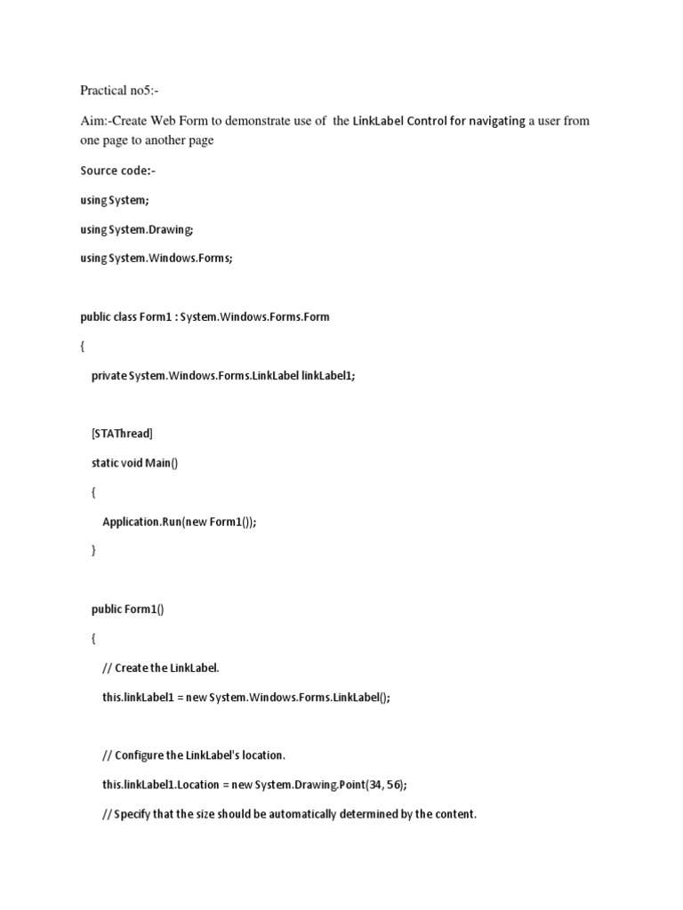 Practical No5:-Aim:-Create Web Form To Demonstrate Use of The Linklabel Control For Navigating A ...