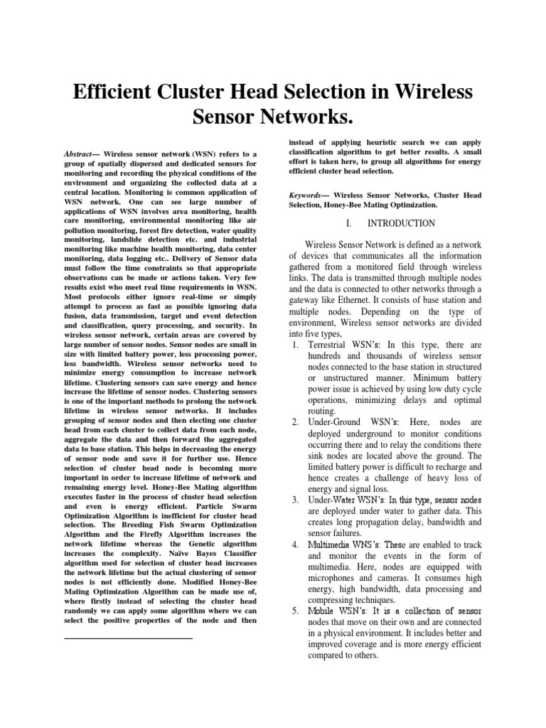Efficient Cluster Head Selection in Wireless Sensor Networks. | PDF ...