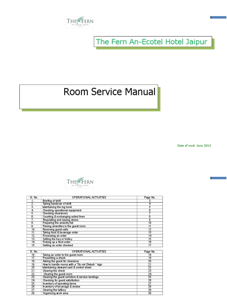 Room Service SOP for The Fern Hotel | PDF | Business | Nature