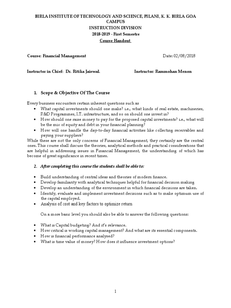 Course Outline Financial Management-2018-19 | PDF | Capital Budgeting ...