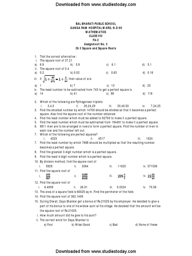 Class 8 Mathematics Practice Worksheets | PDF | Square Root | Discrete ...