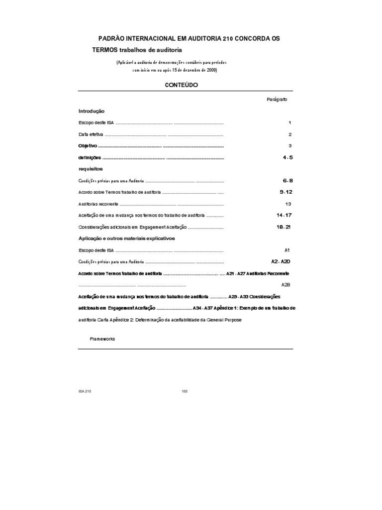 A009 2010 Iaasb Handbook Isa 210.en - PT | PDF | Relatório anual ...