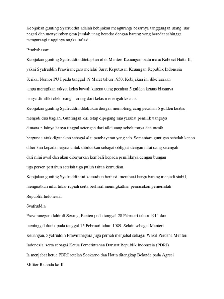 Kebijakan gunting Syafruddin adalah kebijakan mengurangi besarnya ...