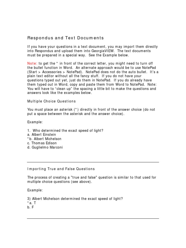 Respondus and Text Documents: Multiple Choice Questions | PDF
