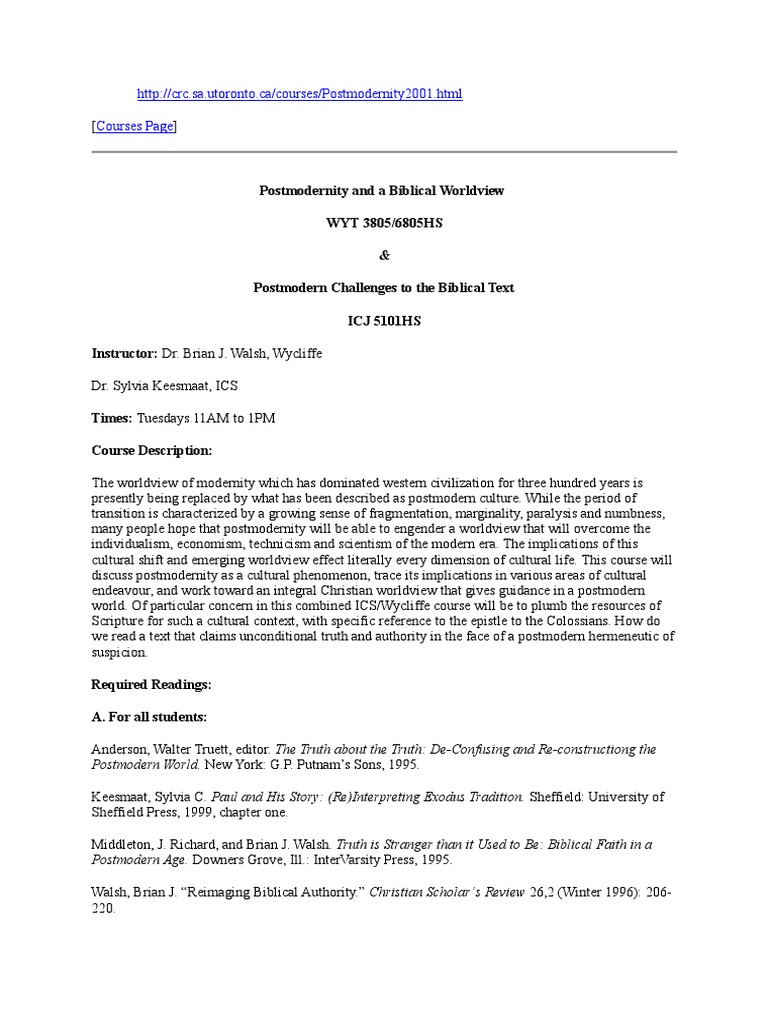Postmodernity and A Biblical Worldview | PDF | Postmodernism | Epistle ...