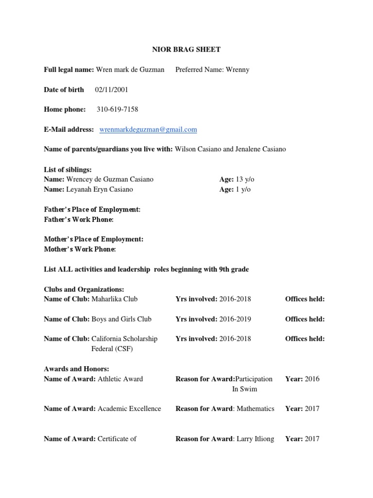 Senior Brag Sheet 1 | PDF | Behavior Modification | Cognition