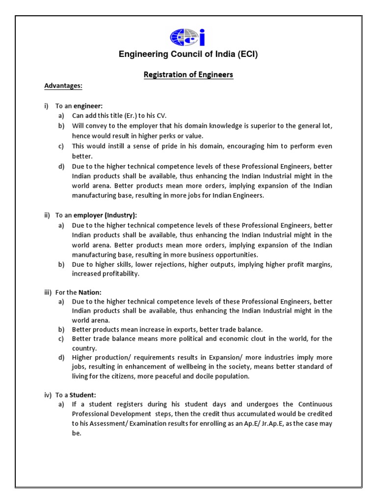 Benefits of ECI Engineer Registration | PDF | Technology & Engineering