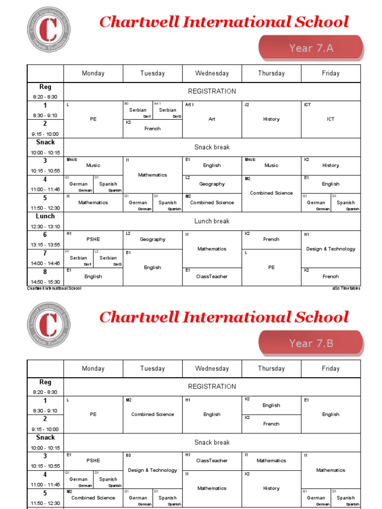 Year 7 Timetable for Chartwell International School | PDF | Cognitive ...