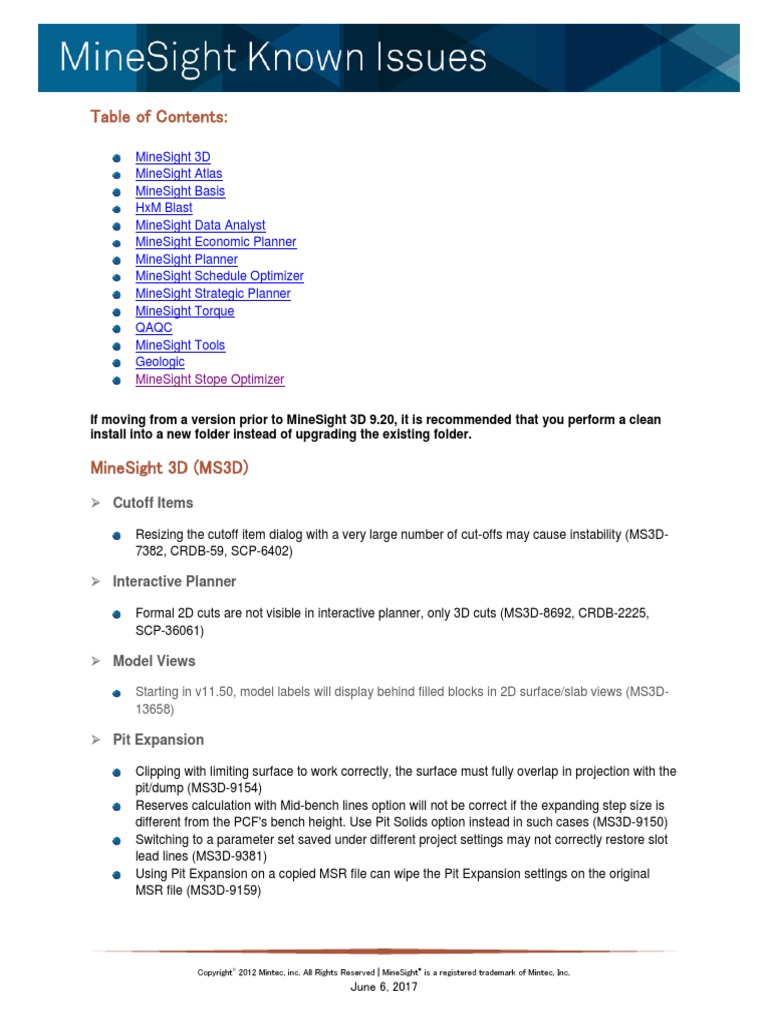 MineSight Known Issues | PDF | Command Line Interface | Databases