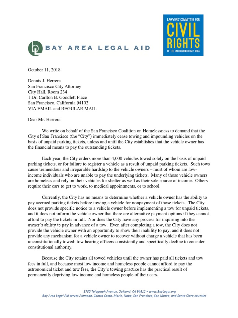 18.10.11 COH Towing Case Demand Letter | Traffic Ticket | Homelessness ...