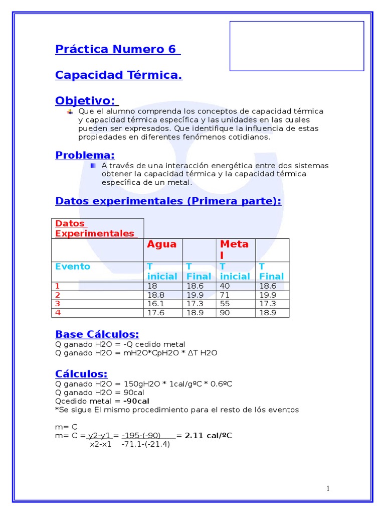 Capacidad Térmica y Específica | PDF | Calor | Temperatura