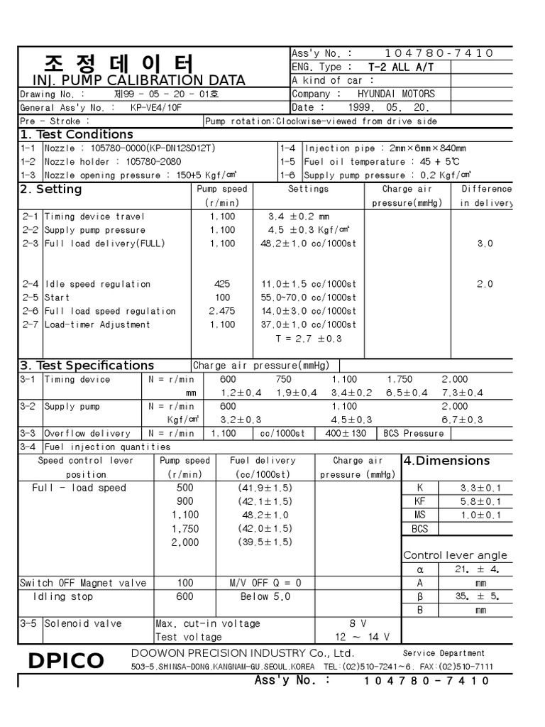 Inj. Pump Calibration Data: 1. Test Conditions | PDF | Pump | Machines
