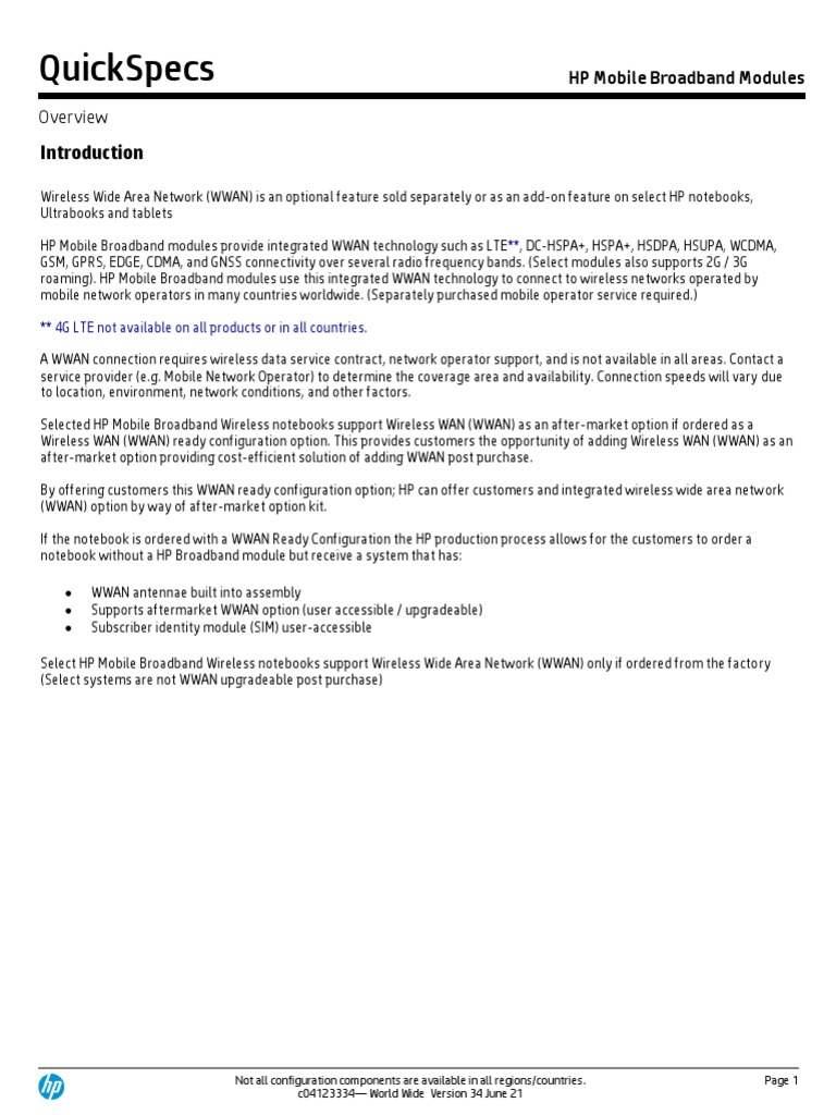Quickspecs: HP Mobile Broadband Modules | PDF | High Speed Packet ...