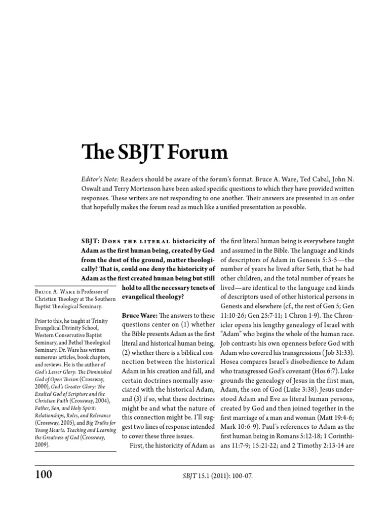 The SBJT Forum: Editor's Note: Readers Should Be Aware of The Forum's ...