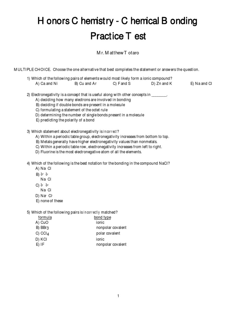 Honors Chemistry - Chemical Bonding Practice Exam | PDF | Chemical ...