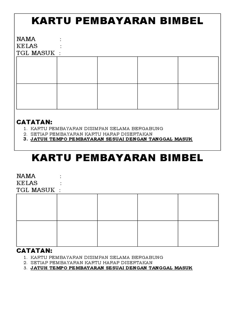 Kartu Pembayaran Bimbel | PDF