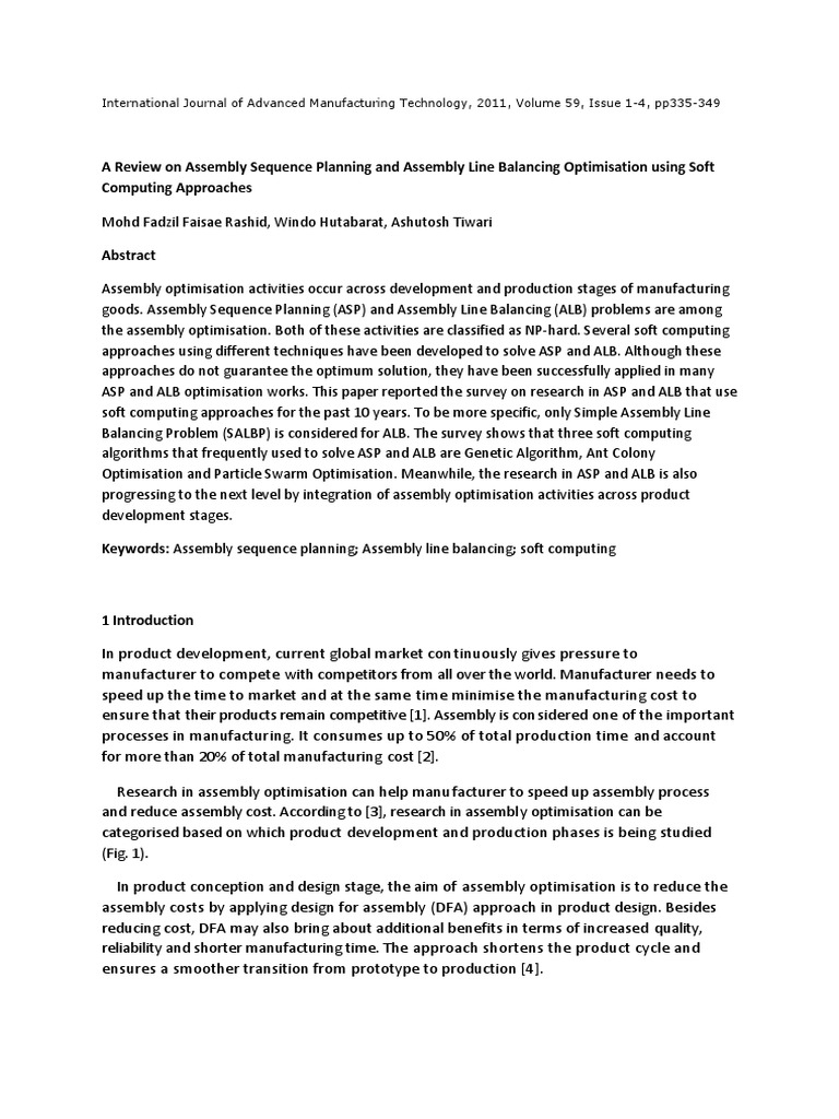 A Review On Assembly Sequence Planning and Assembly Line Balancing Optimisation Using Soft ...