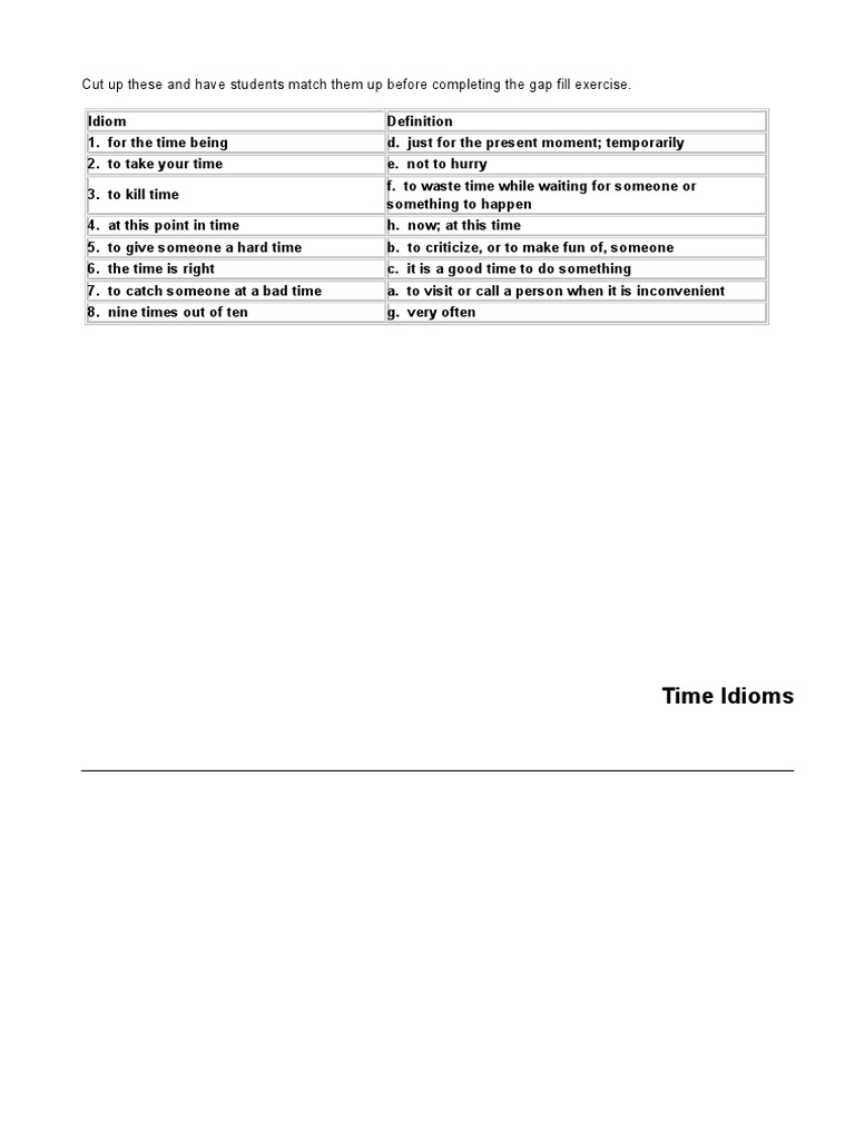 Time Idioms Worksheet | PDF | Leisure