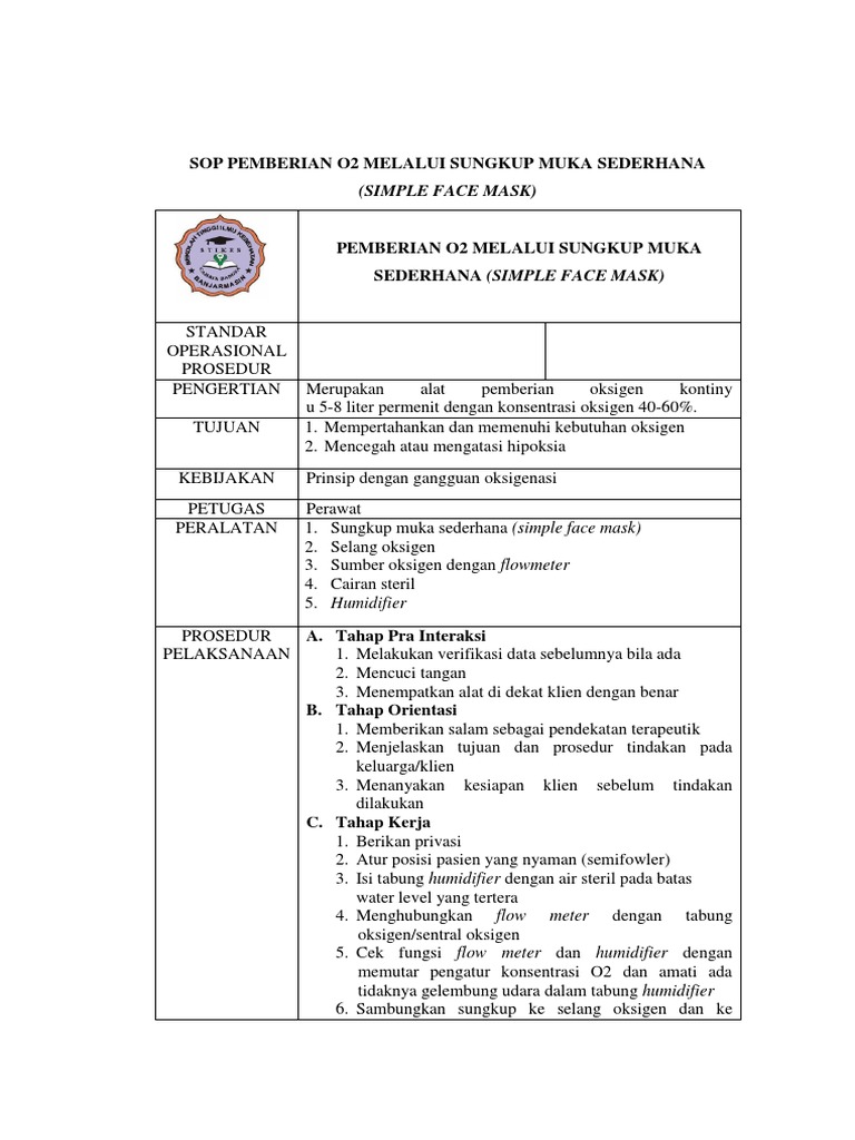 SOP Pemberian O2 Simple Face Mask | PDF