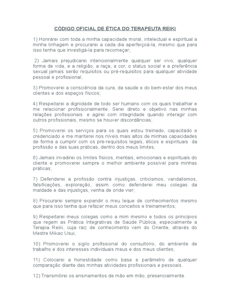 Código Oficial de Ética Do Terapeuta Reiki | PDF | Reiki | Humano