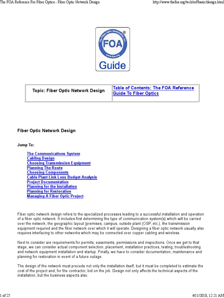 Topic: Fiber Optic Network Design: Table of Contents: The FOA Reference ...