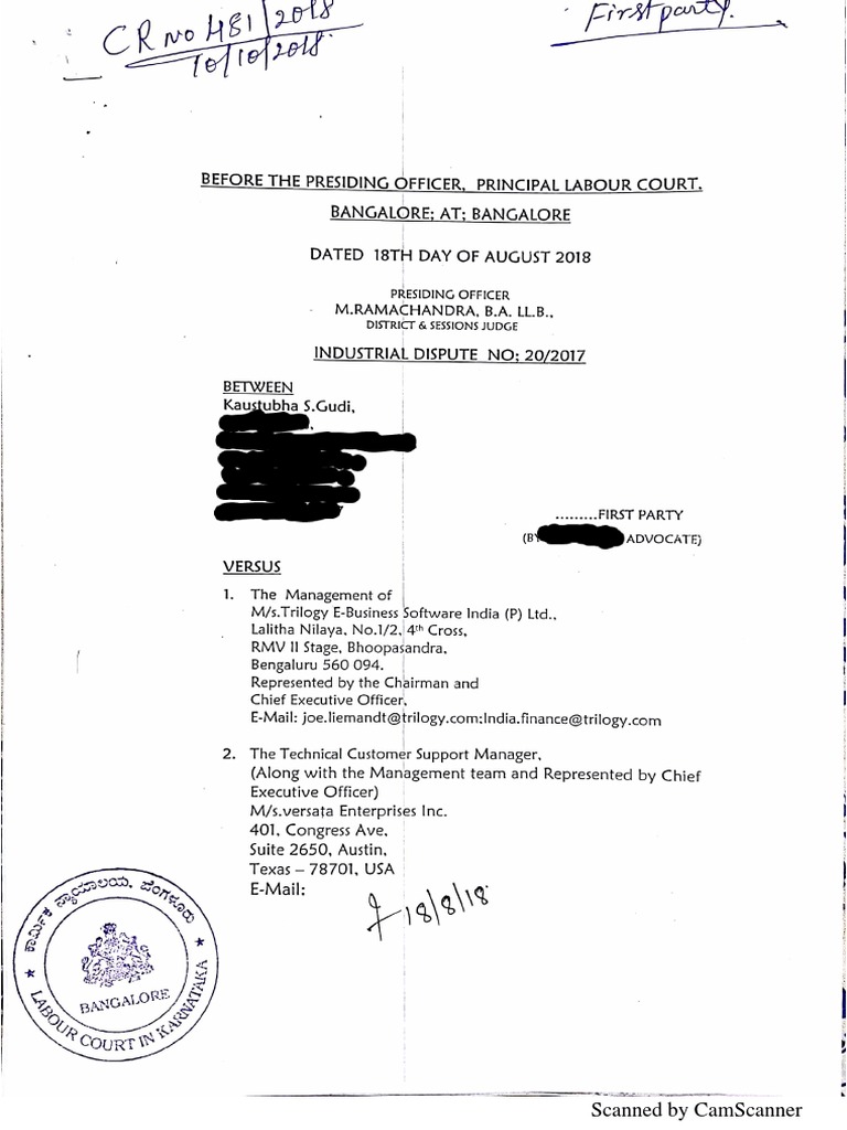 Court Order ID 20-2017 Principal labour court - Bengaluru | Labor ...