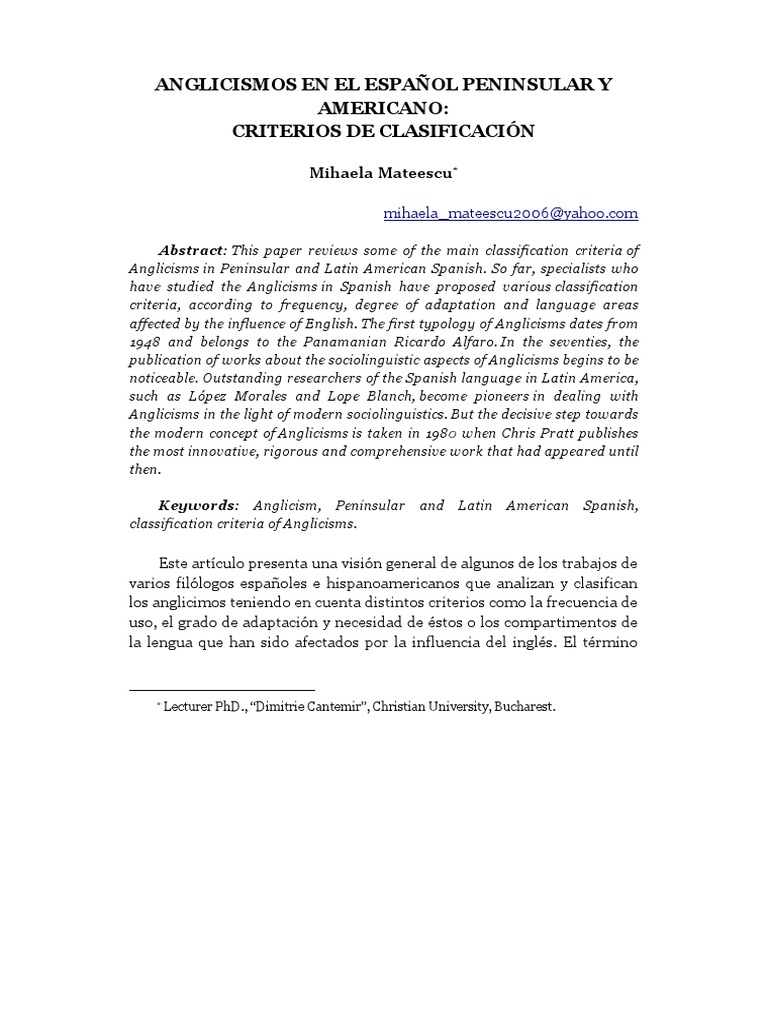 Clasificación de anglicismos | Palabra | Lengua española