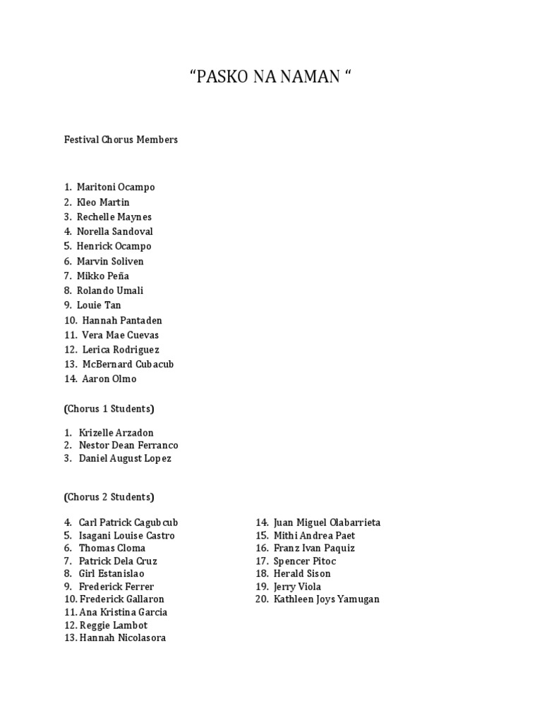 PASKO NA NAMAN - List of Chorus Students | PDF