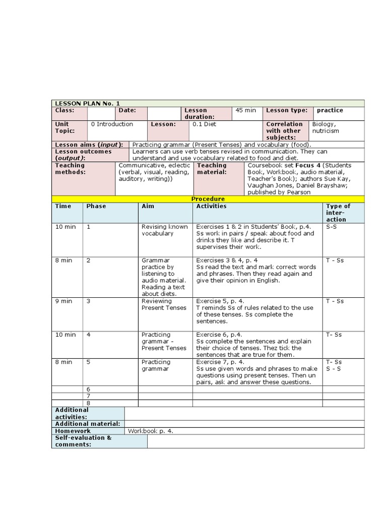 1 Focus 4 Lesson Plan | PDF | Vocabulary | Lesson Plan