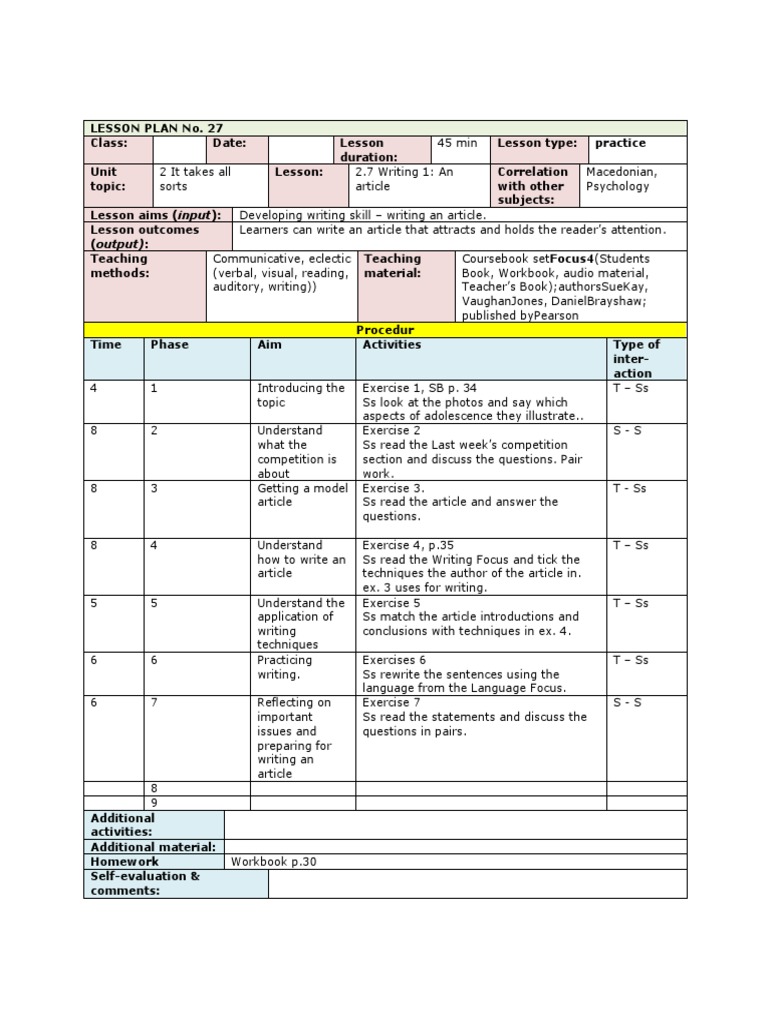 27 Focus 4 Lesson Plan Unit 2 | PDF | Lesson Plan | Attention