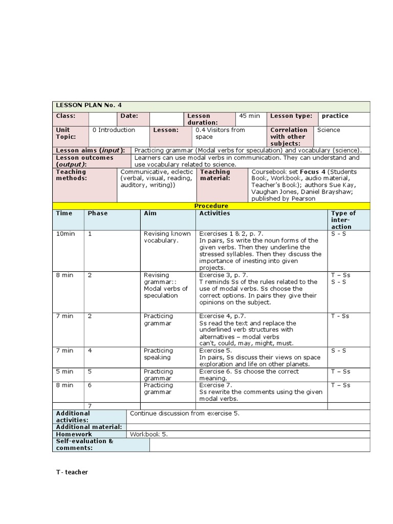 4 Focus 4 Lesson Plan | PDF | Verb | Lesson Plan