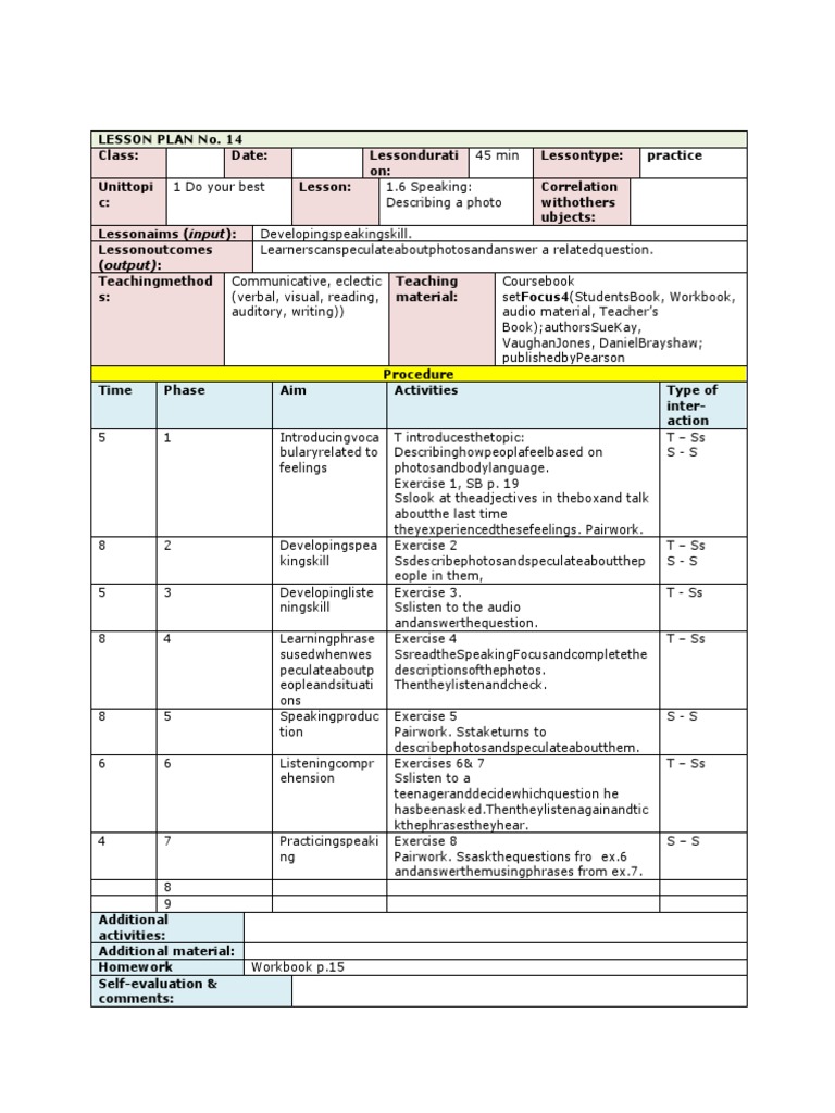 14 Focus 4 Lesson Plan Unit 1 | PDF | Lesson Plan | Pedagogy