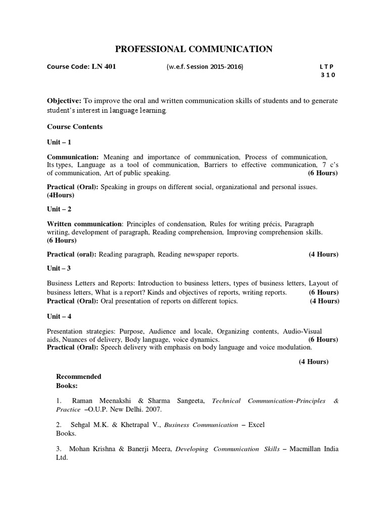 Professional Communication: Course Code: LN 401 | PDF