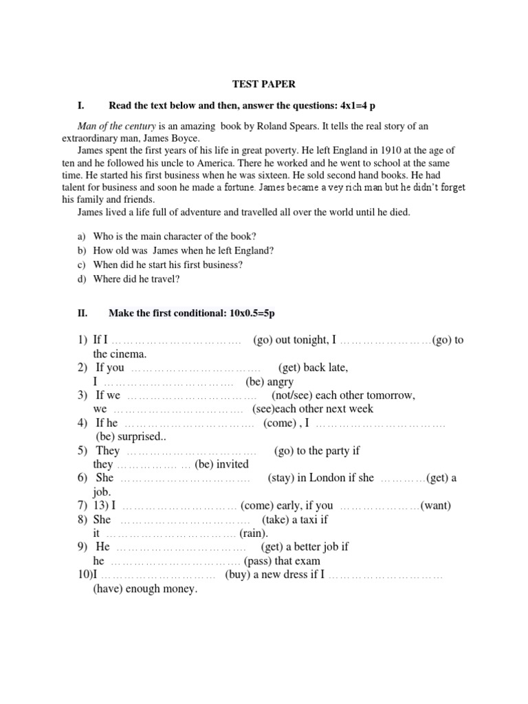 Test Paper I. Read The Text Below and Then, Answer The Questions: 4x1 4 ...