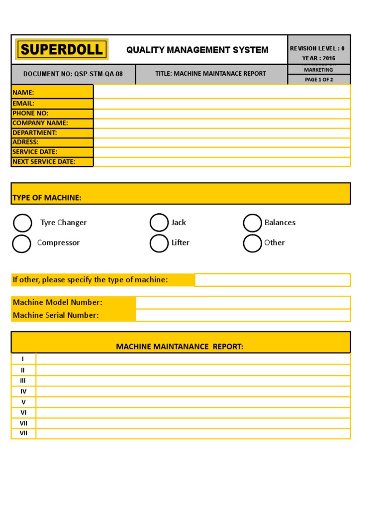Machine Maintenance Report Template | PDF | Technology & Engineering