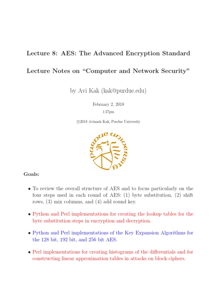 Lecture 8: AES: The Advanced Encryption Standard Lecture Notes On ...