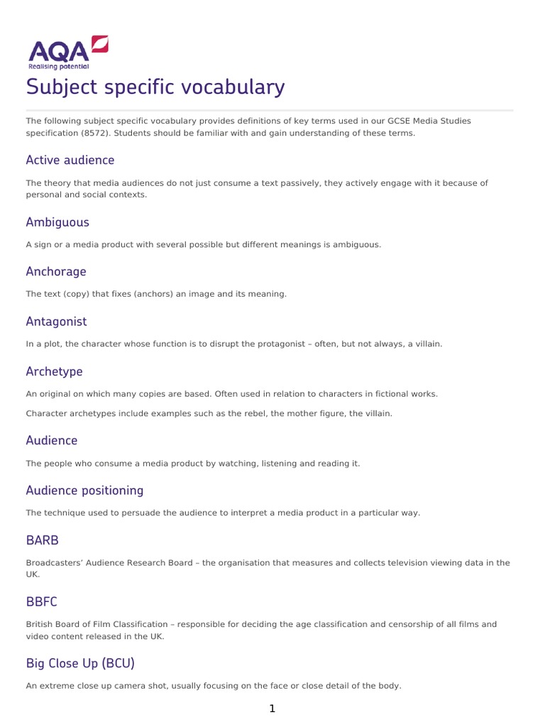 AQA Subject Specific Vocabulary | PDF | Mass Media | Computer Generated ...
