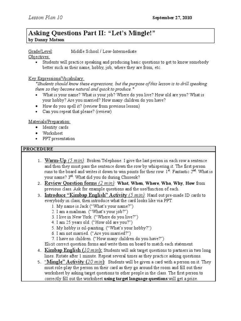 Asking Questions Part II: "Let's Mingle!": Lesson Plan 10 | PDF ...