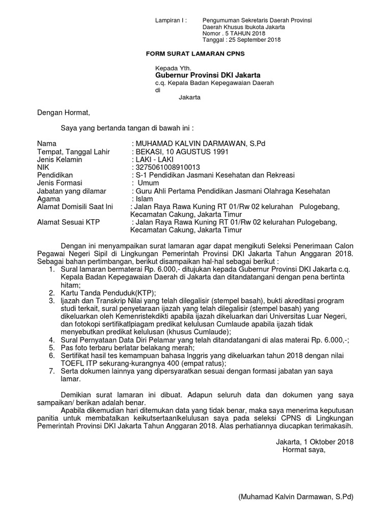 Contoh Surat Lamaran CPNS | PDF