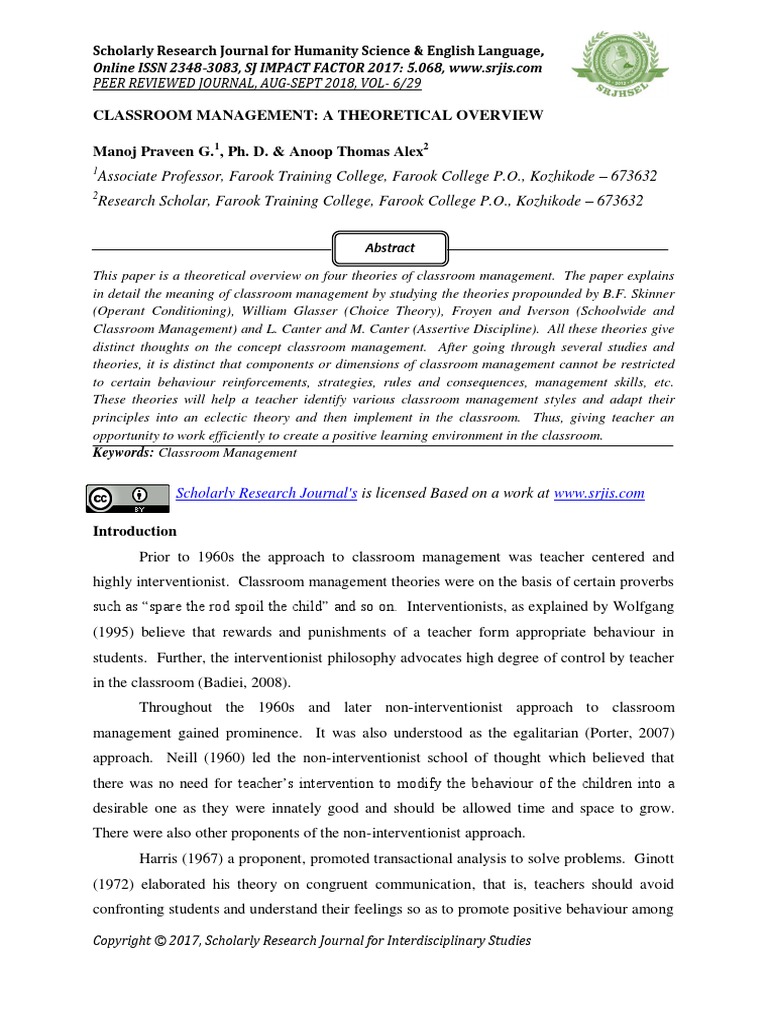 Classroom Management: A Theoretical Overview | PDF | Classroom ...