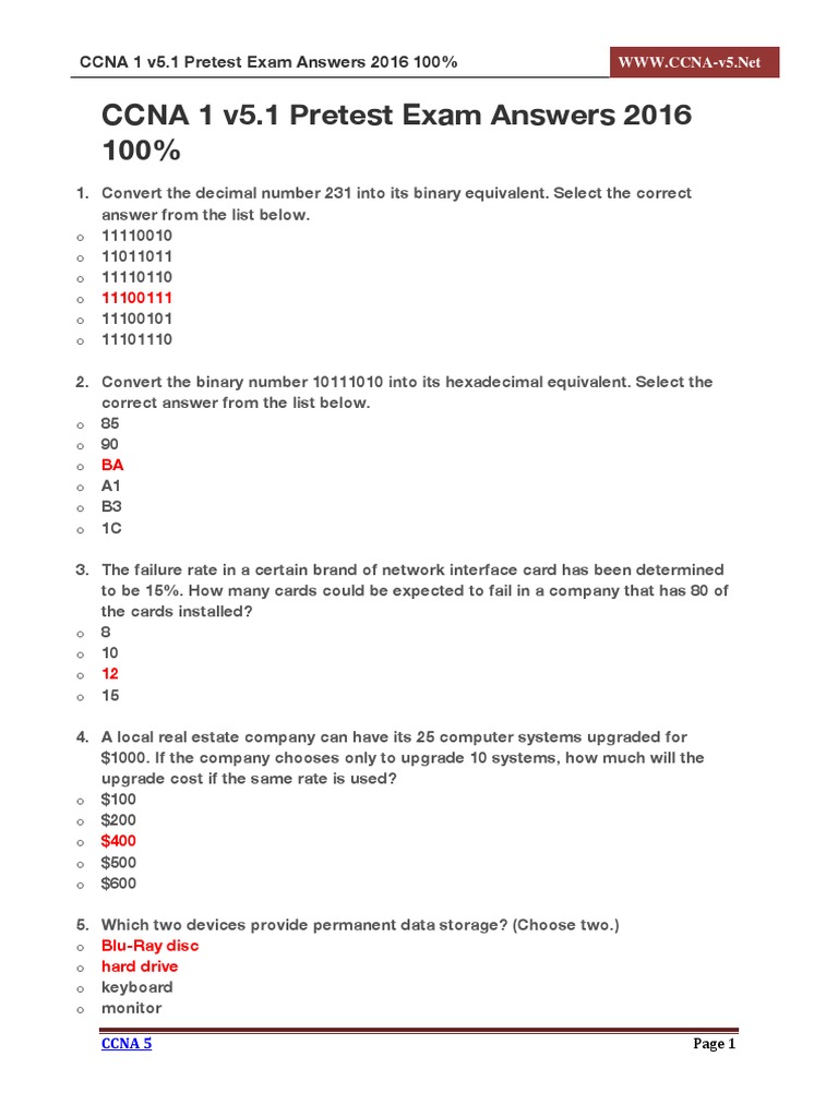 CCNA 1 v5.1 Pretest Exam Answers 2016 100 | PDF | Ip Address | Computer ...