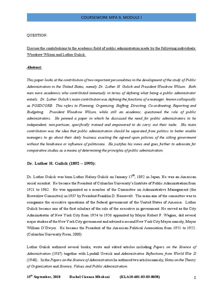 Contributions To Public Administration by Woodrow Wilson and Luther ...
